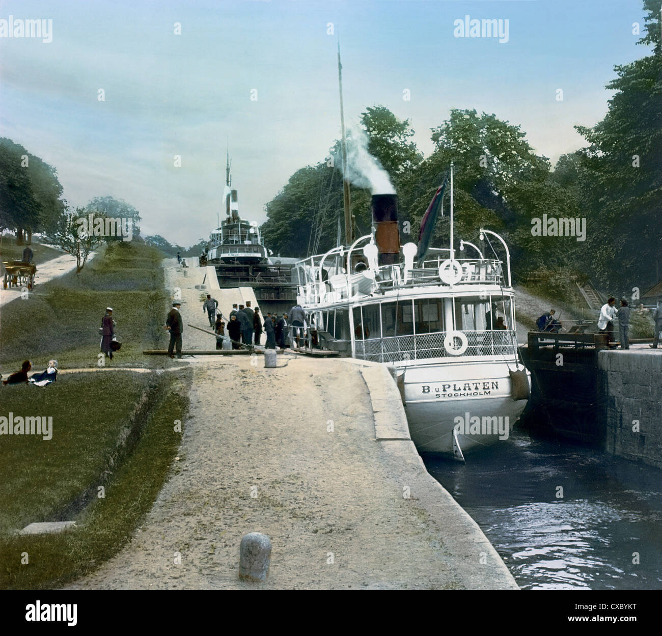Colorized photo of passengers boarding a steamboat on the Trollhatte ...