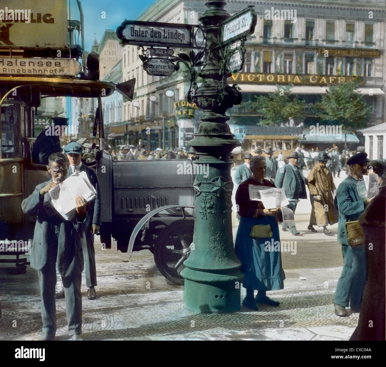 Colorized photo of a street scene at the intersection of Unter den ...