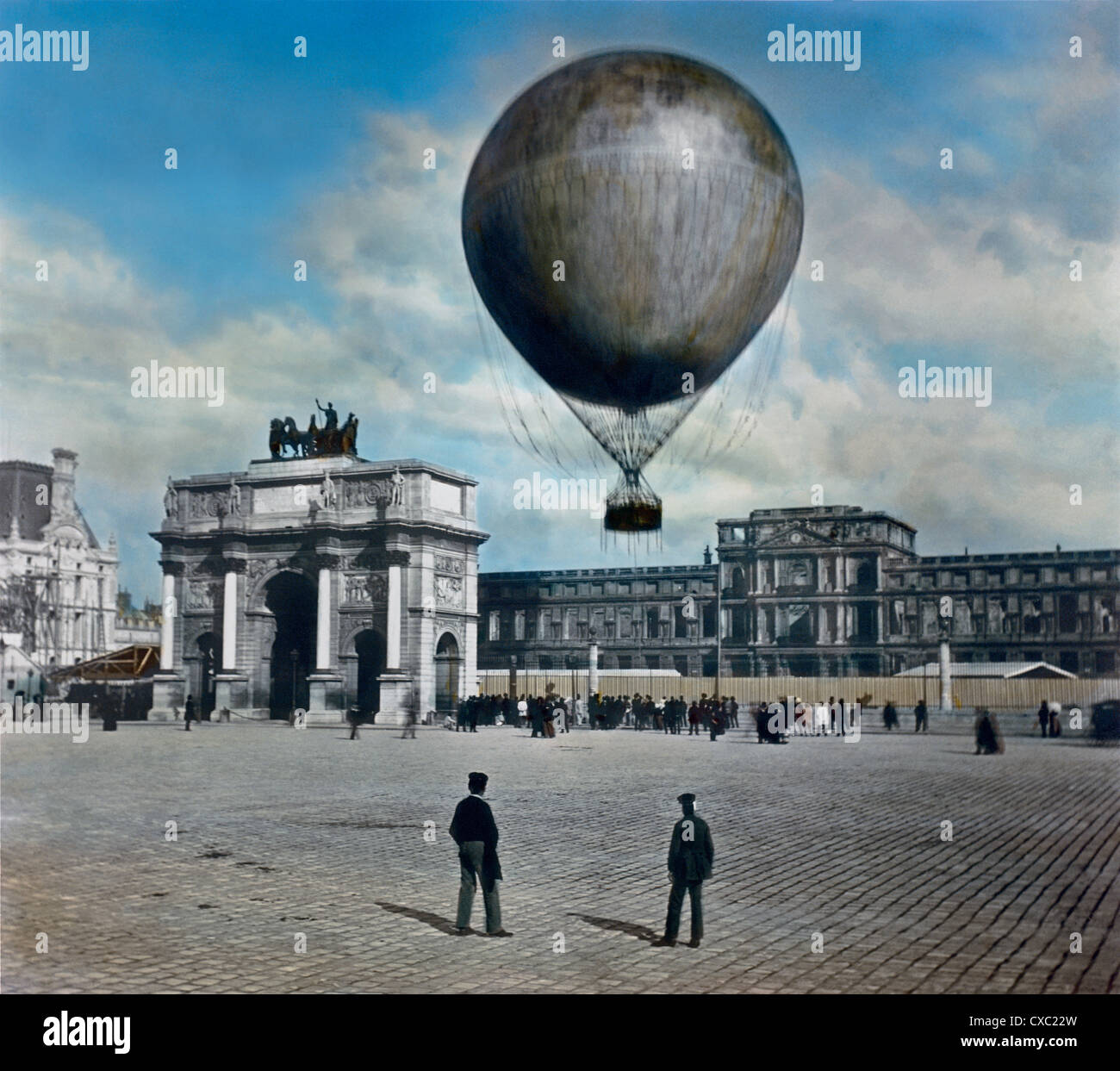 Colorized view of Henri Giffard's captive steam balloon flying above ...