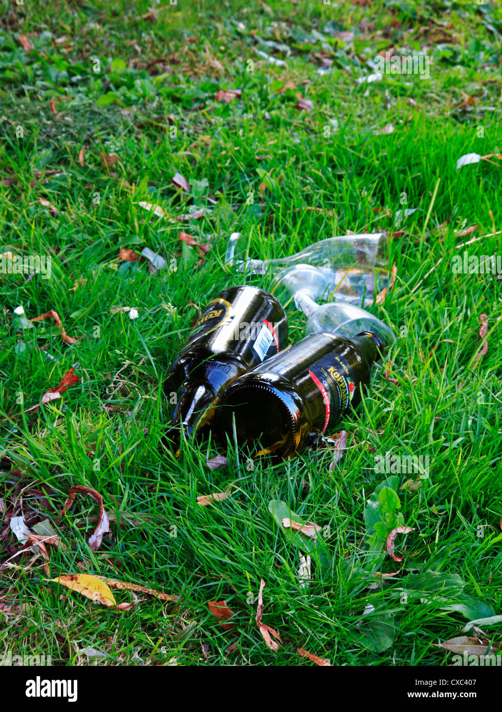 Two discarded bottles and a pair of wine glasses at riverside, Norwich ...