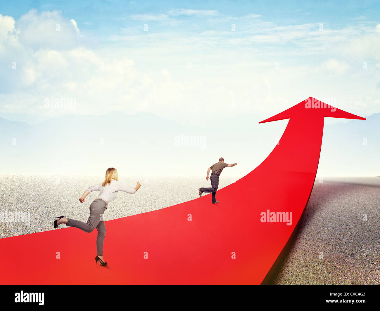 people running on 3d huge red arrow Stock Photo - Alamy