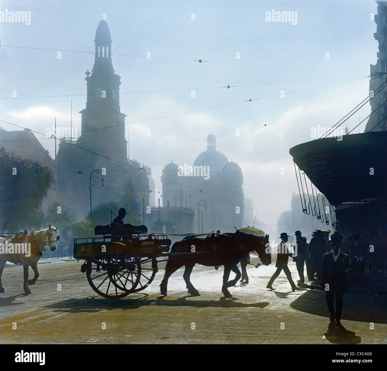 Colorized photo of horse-drawn carts crossing George Street near Sydney ...