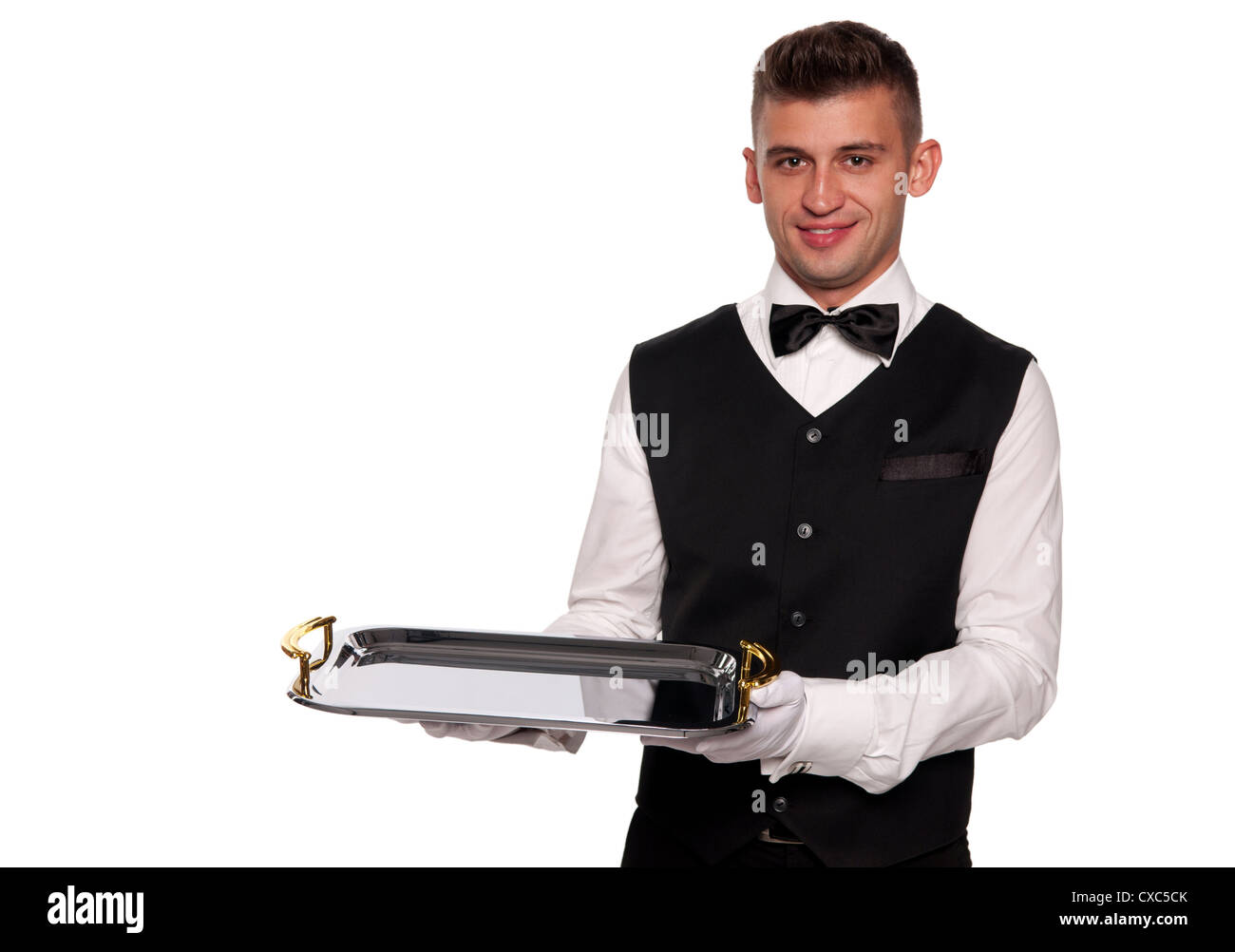 A young boy waiter with a tray. Isolated background Stock Photo - Alamy