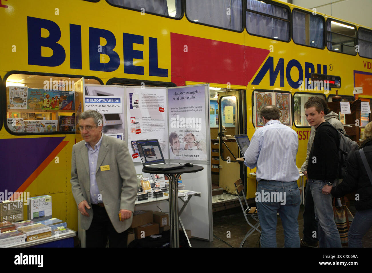 Leipzig Book Fair 2007: A bus as a mobile Bible Stock Photo - Alamy