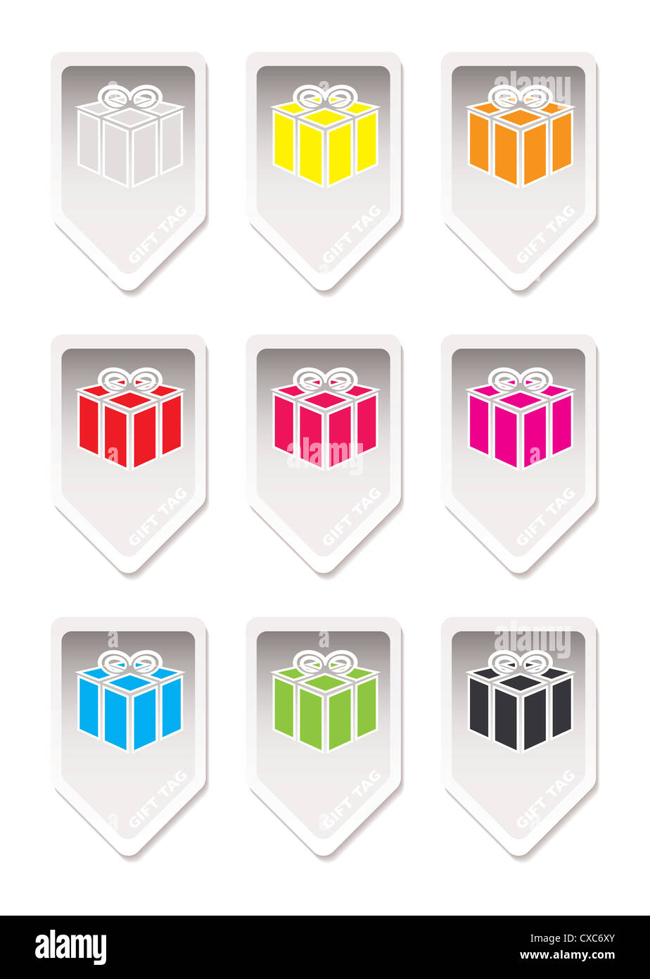 Gift tags with paper element and coloured presents Stock Photo - Alamy