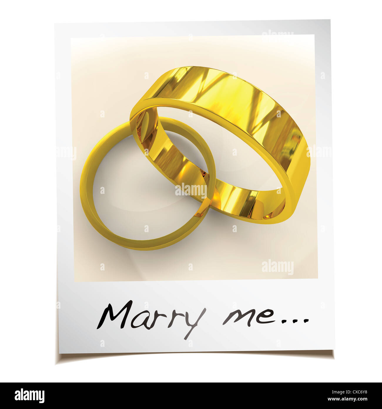 Romantic wedding proposal with instant photgraph and gold rings Stock ...