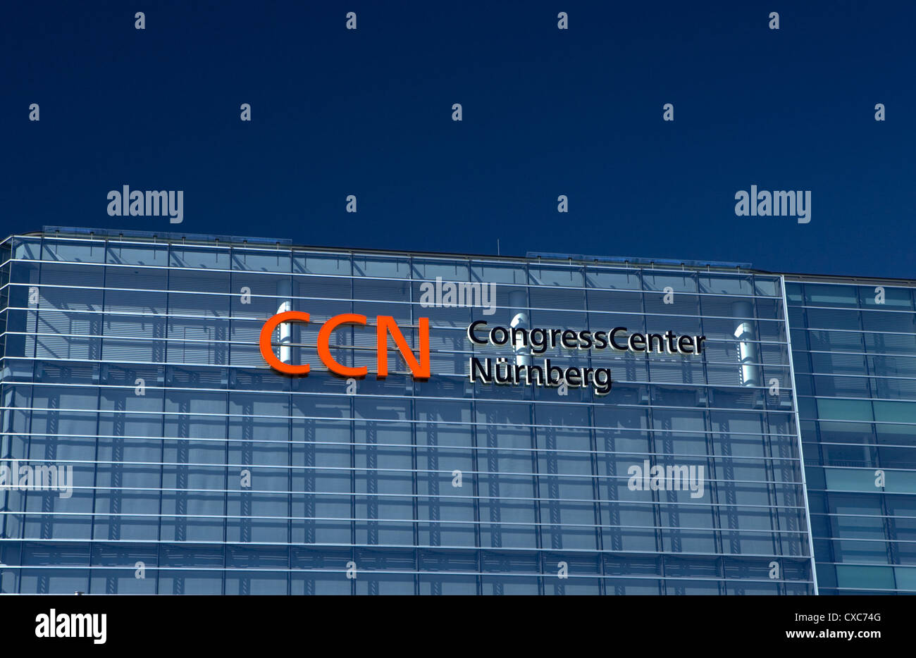 Nuernberg, Logo of the Congress Centre Nuremberg in a glass facade ...