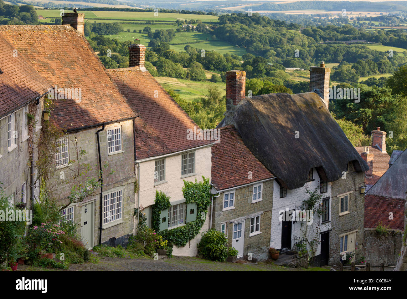 Gold Hill, and view over Blackmore Vale, Shaftesbury, Dorset, England ...