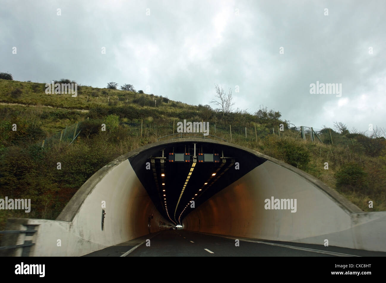 Approaching a tunnel on a highway in England. This was a long tunnel on ...