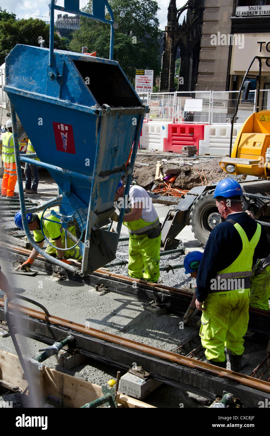 Pouring concrete into the foundations for a tram track in Edinburgh ...