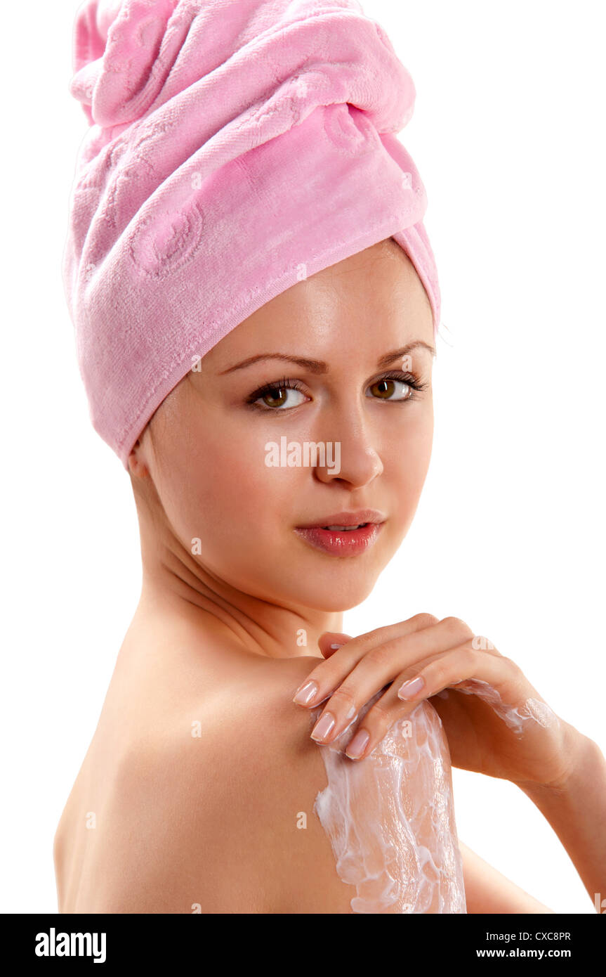 beautiful young woman after washing with a towel over your head Stock ...