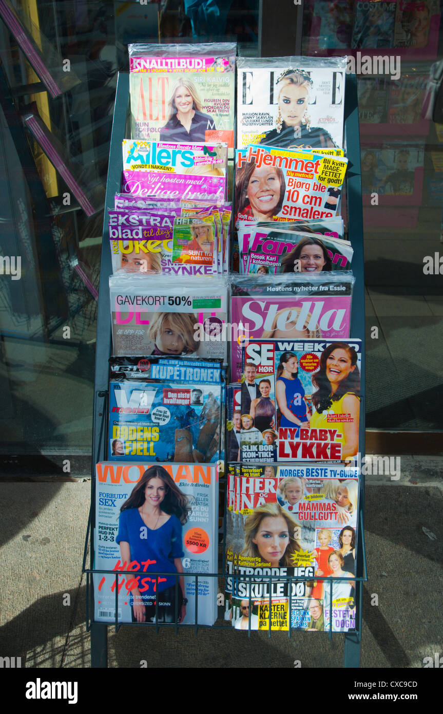 Norwegian magazines outside newsagent Torggata street Sentrum central ...