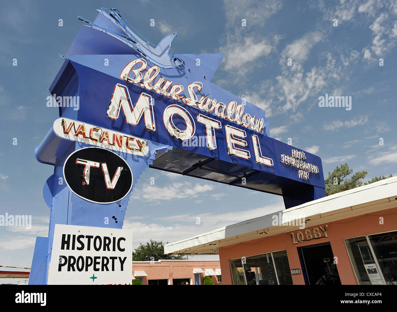 Neon sign outside the legendary Blue Swallow Motel, Route 66, Tucumcari ...