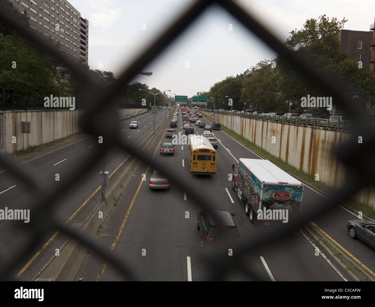 Looking through a chain link fence on a bridge over the Prospect ...