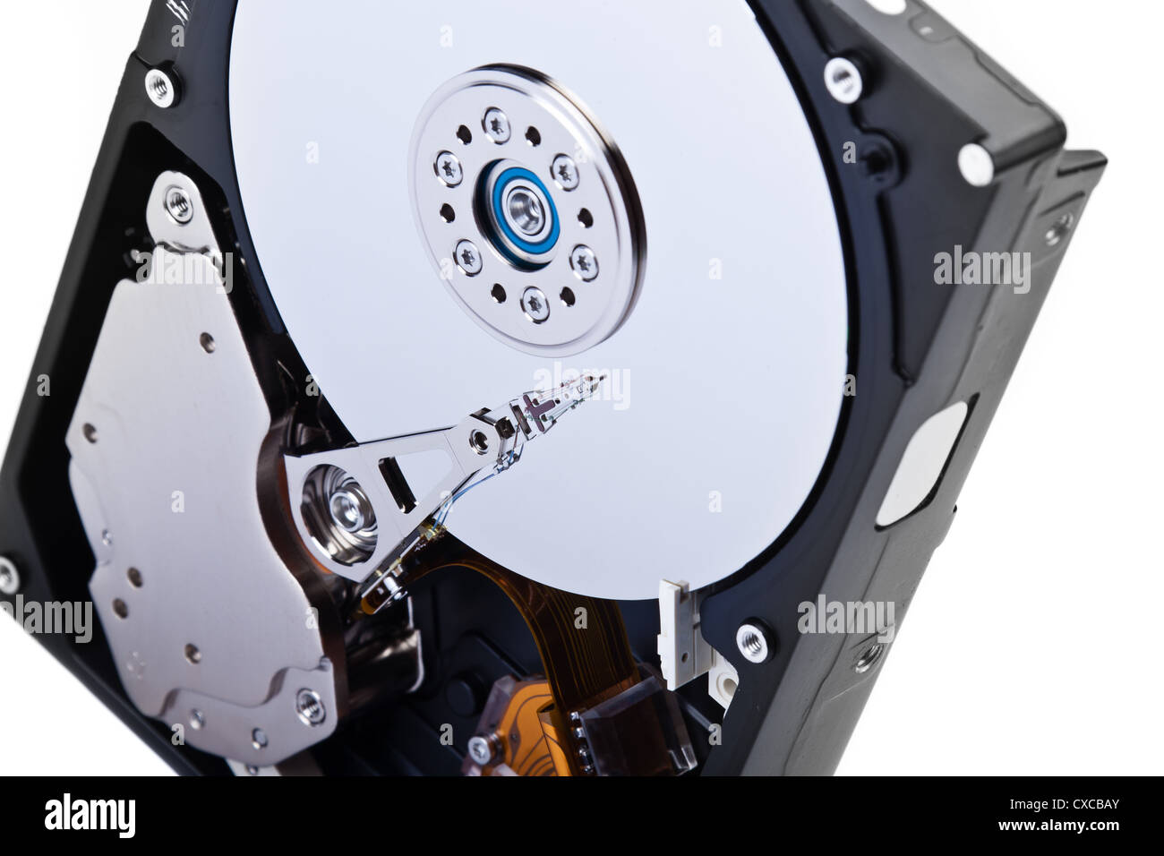 an opened hard disk on white background Stock Photo - Alamy