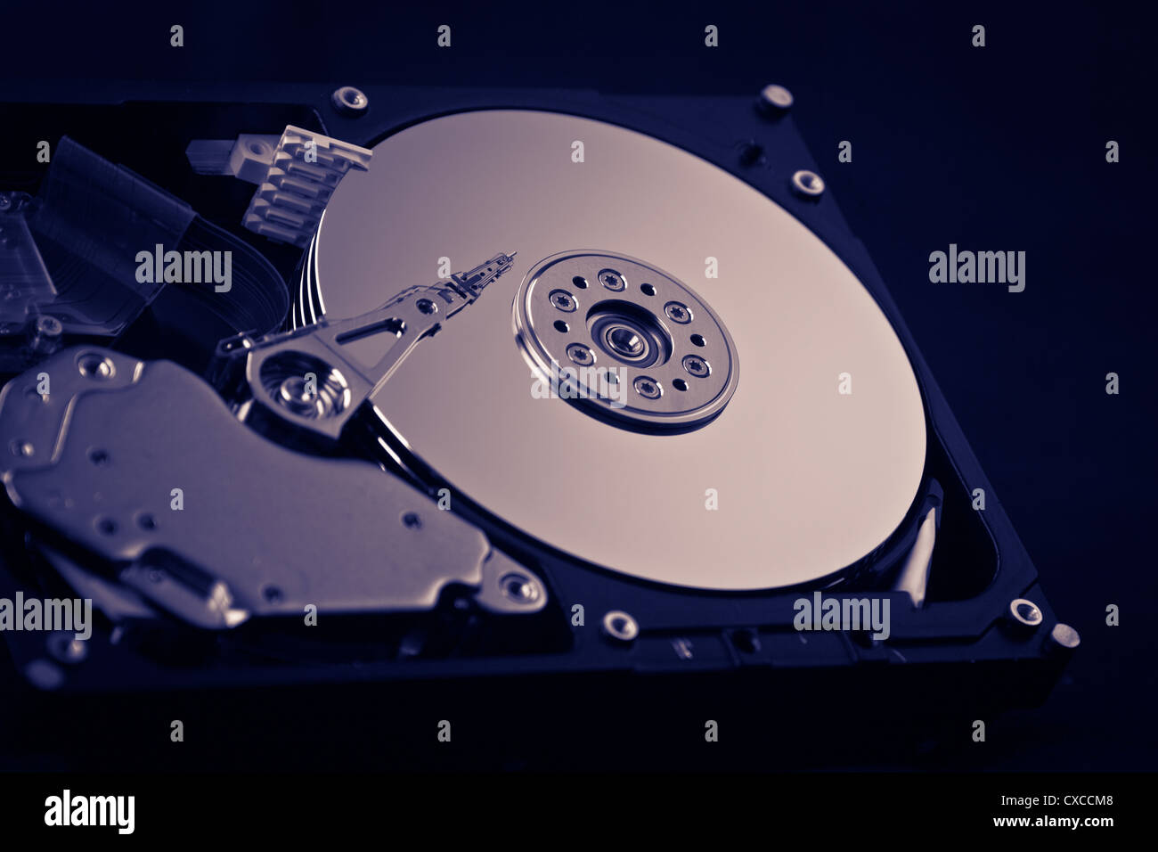 an opened hard disk on black background Stock Photo - Alamy