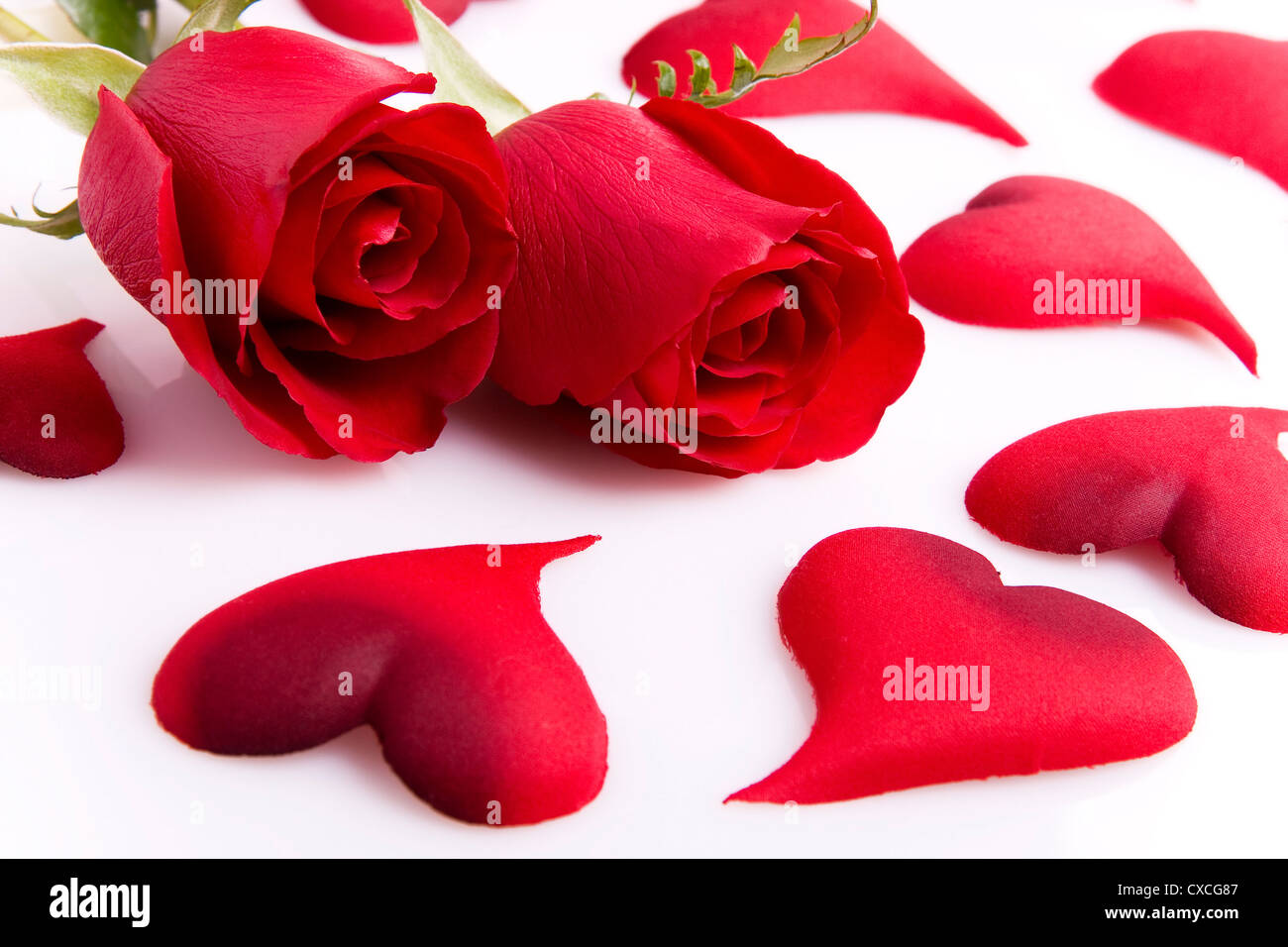 Two red rose with hearts isolated on white Stock Photo - Alamy