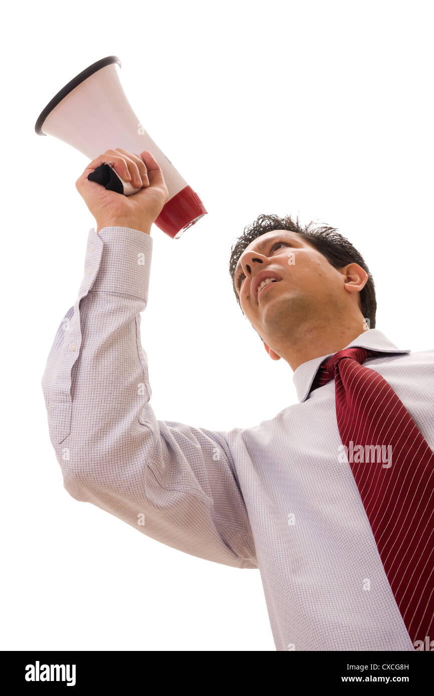 Business man speaking with a megaphone iolated on white Stock Photo - Alamy