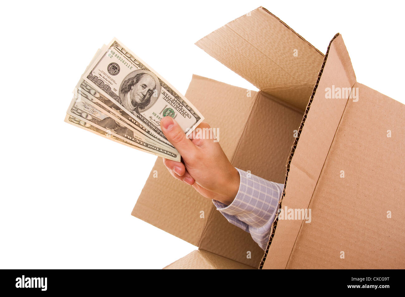 Hand with dollars inside a cardboard box Stock Photo - Alamy