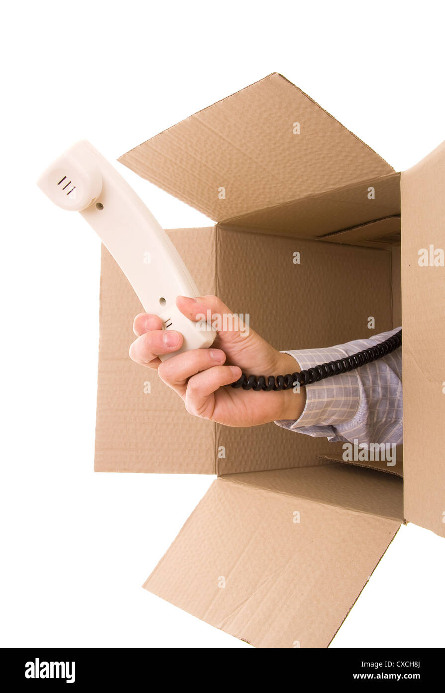 Hand giving you a phone receiver inside a box Stock Photo - Alamy