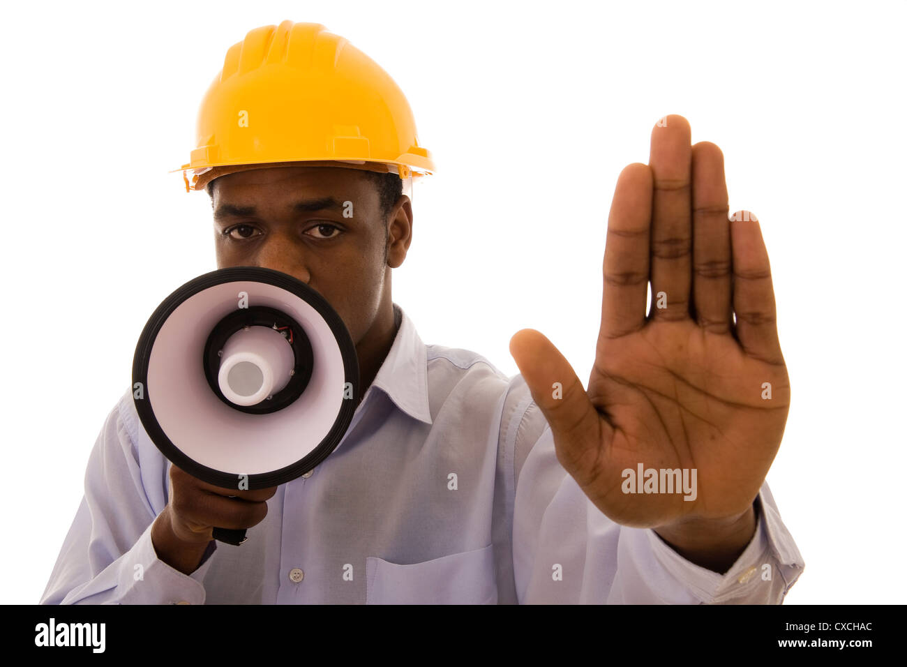 Worker with megaphone saying stop to someone Stock Photo - Alamy