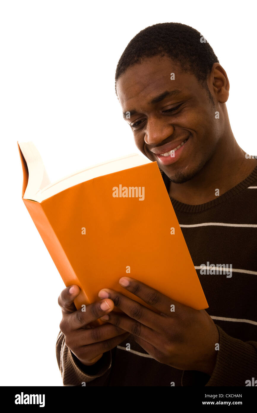 A smiling man reading a book isolated on white Stock Photo - Alamy