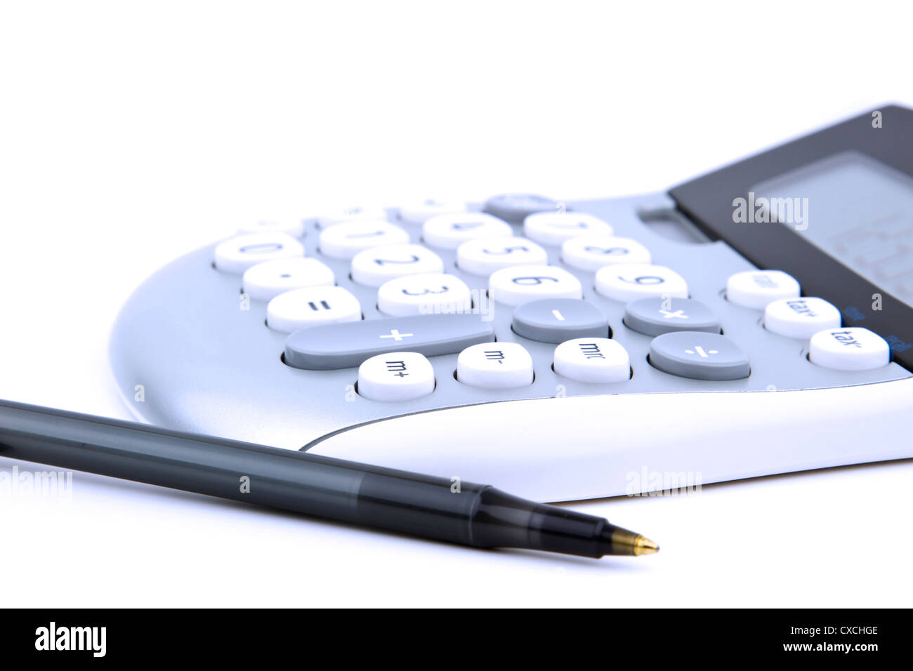 Gray mathematical calculator with black pen on white background Stock ...
