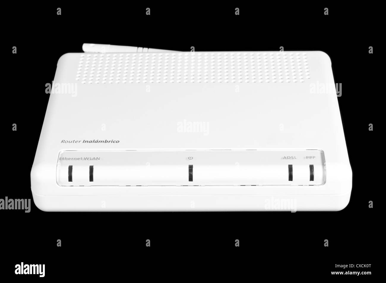 Image of a turned off white internet router on black background. No ...