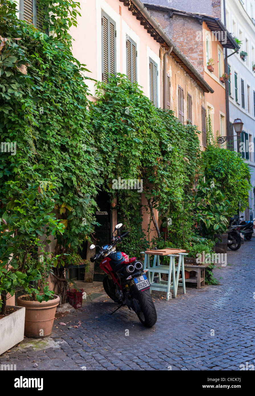 Ducati motorbike outside a ivy covered house in a back streets of Rome ...