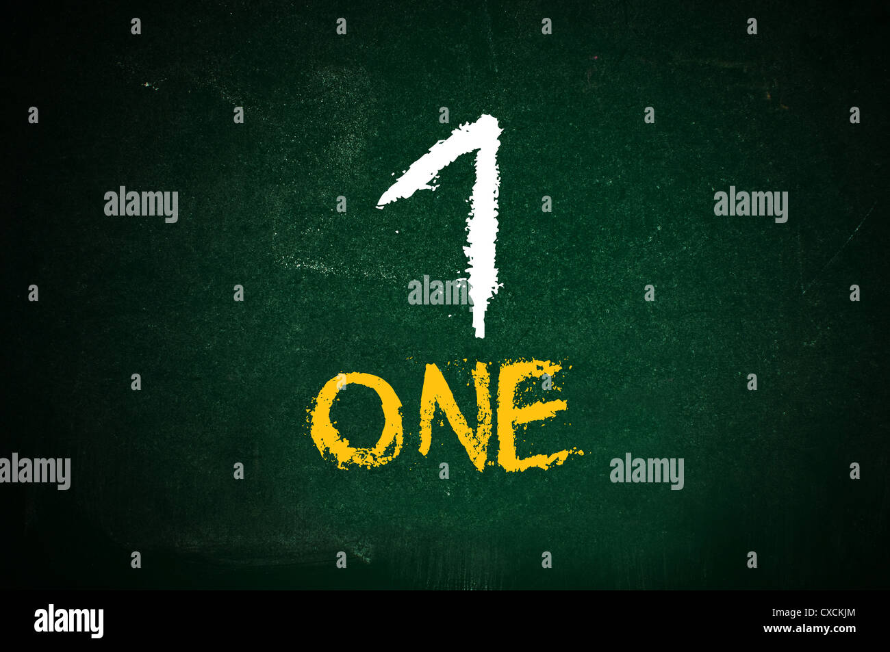 Number one, handwritten number one with a chalk on a green chalkboard ...