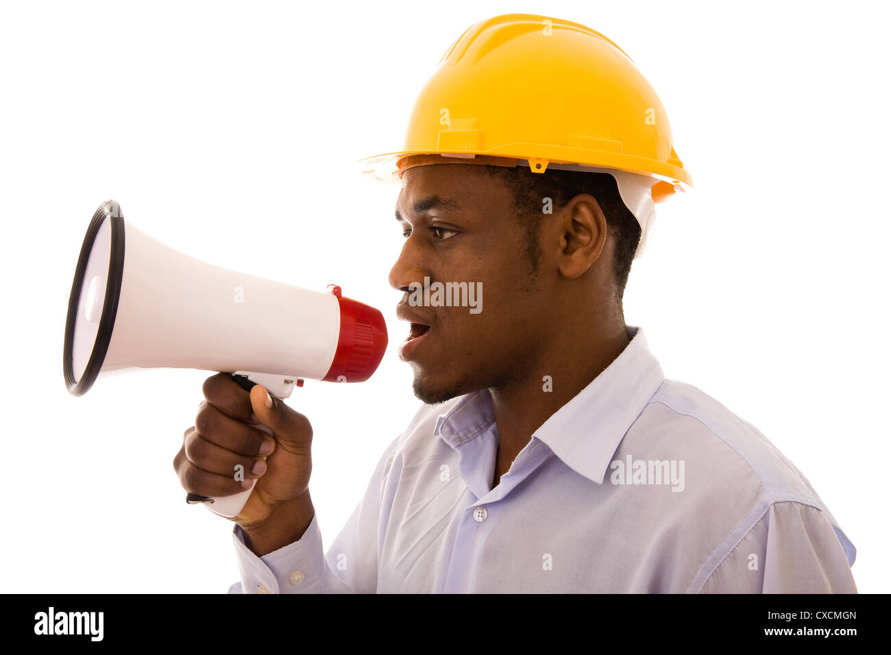 Worker giving an order with a megaphone Stock Photo - Alamy