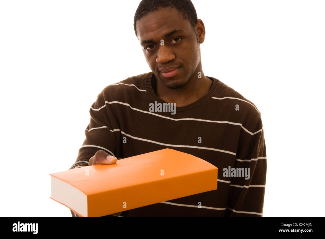 African man giving you a book isolated on white Stock Photo - Alamy
