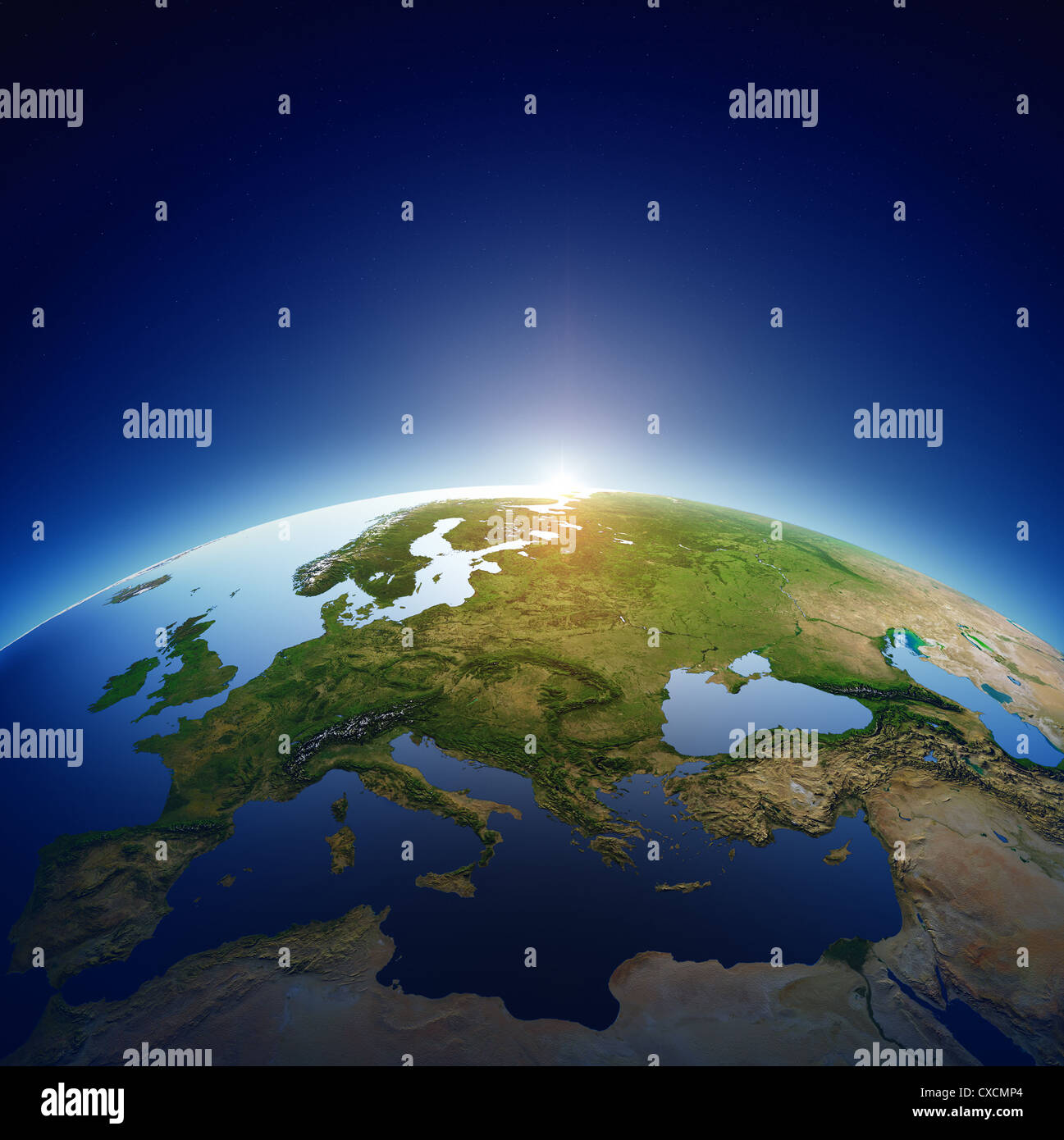 Planet earth with sun rising over European countries (Elements of this ...