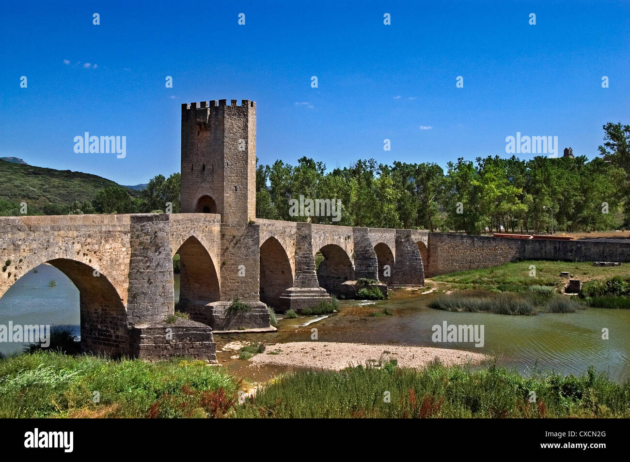 Medieval bridge over the river Ebro and fourteenth century tower Frias ...