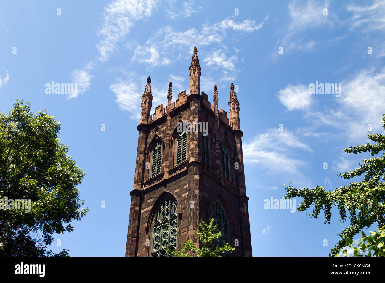 Tall Church Steeple Against Blue Sky Background Stock Photo - Alamy