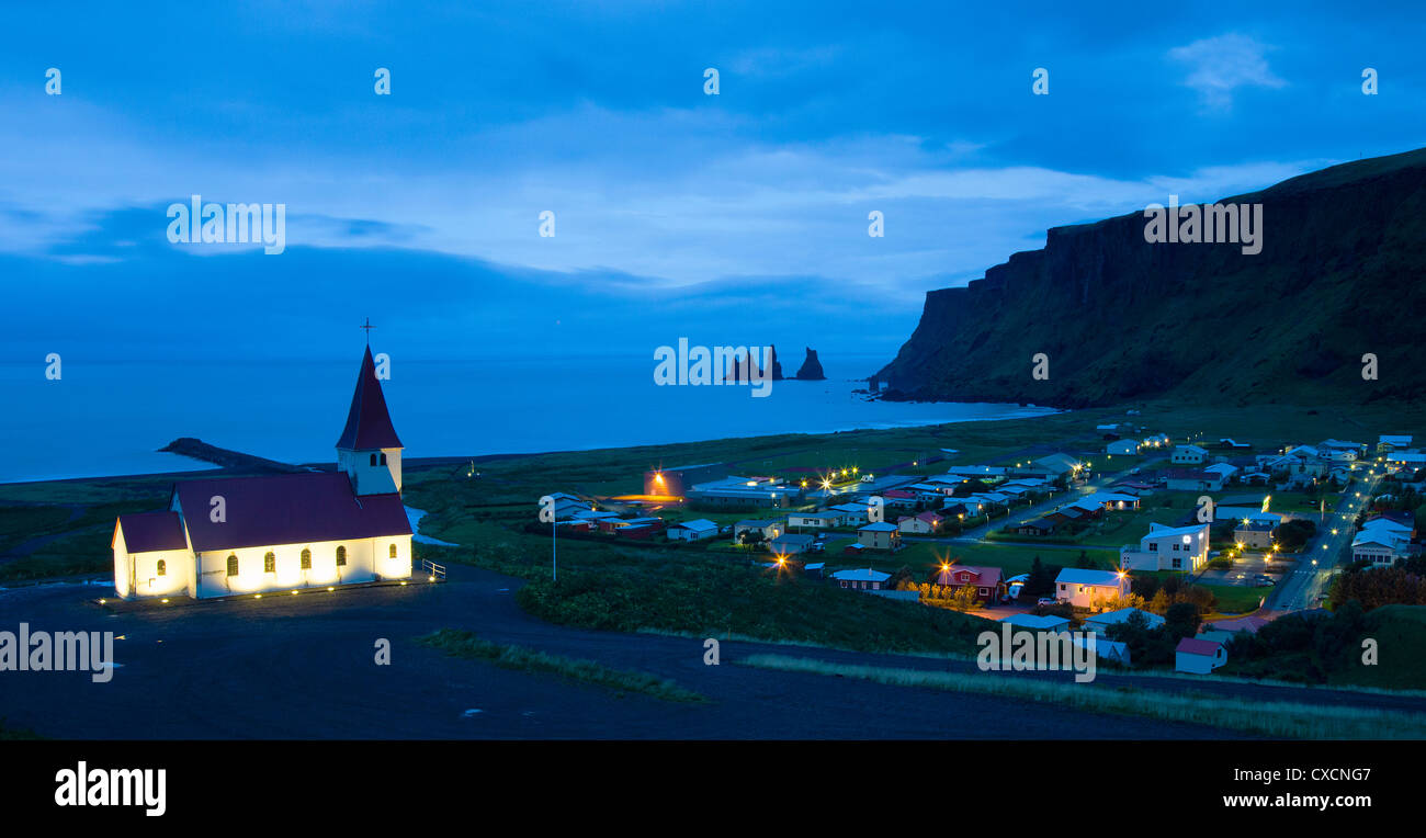 Aerial view over Vik (vik i myrdal) with its church and the ...