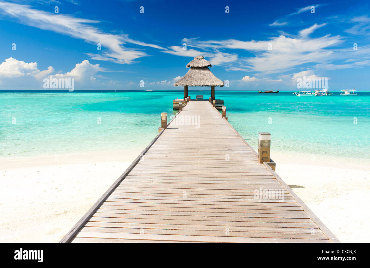 Wooden jetty over the beautiful Maldivian sea with blue sky Stock Photo ...