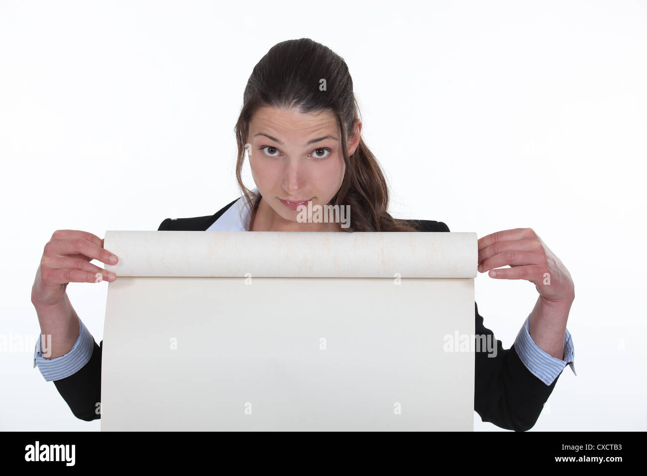 Woman holding flip-chart paper Stock Photo - Alamy