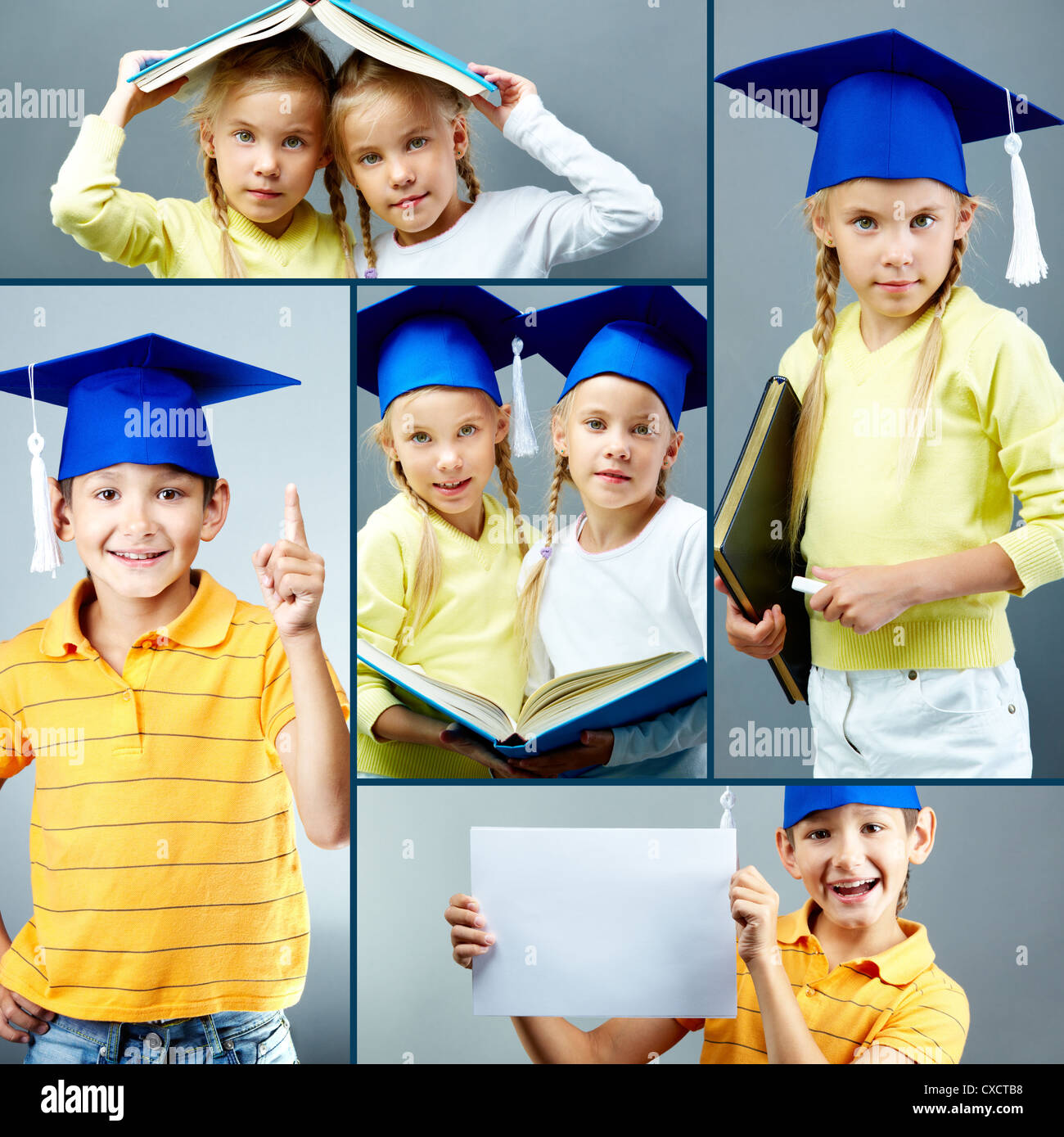 Portrait of cute kids in graduation hats over grey background Stock ...