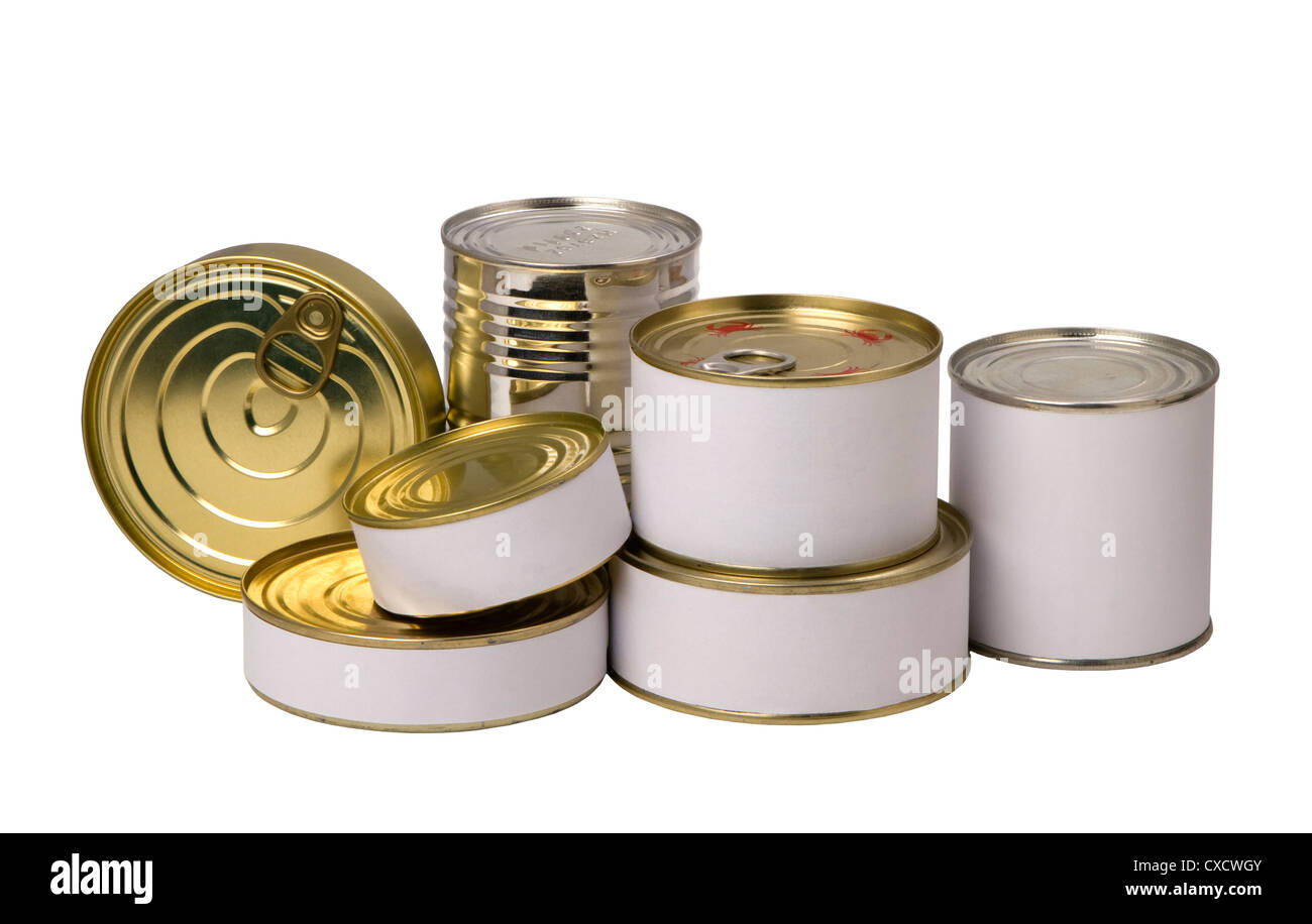 group of food tin cans with empty white label on a white background ...