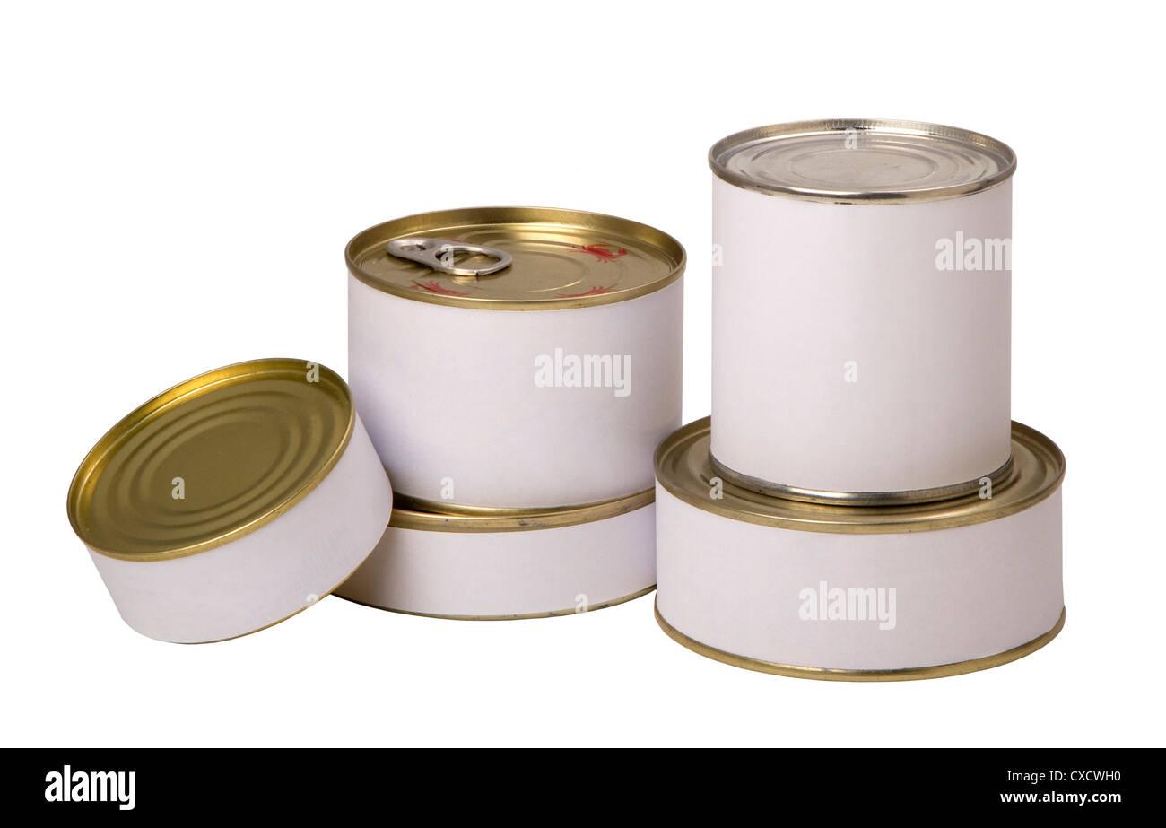 group of food tin cans with empty white label on a white background ...