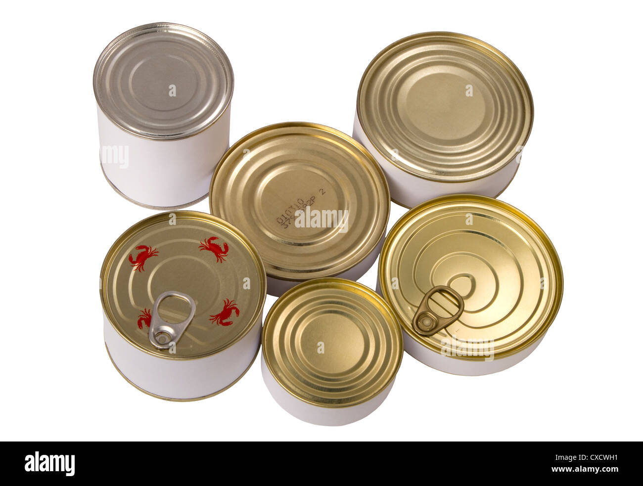 group of food tin cans with empty white label on a white background ...