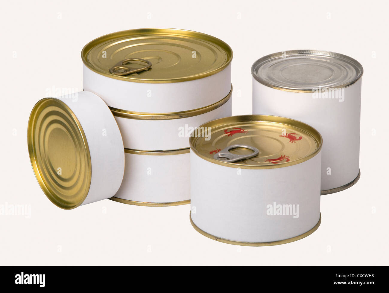 group of food tin cans with empty white label on a white background ...