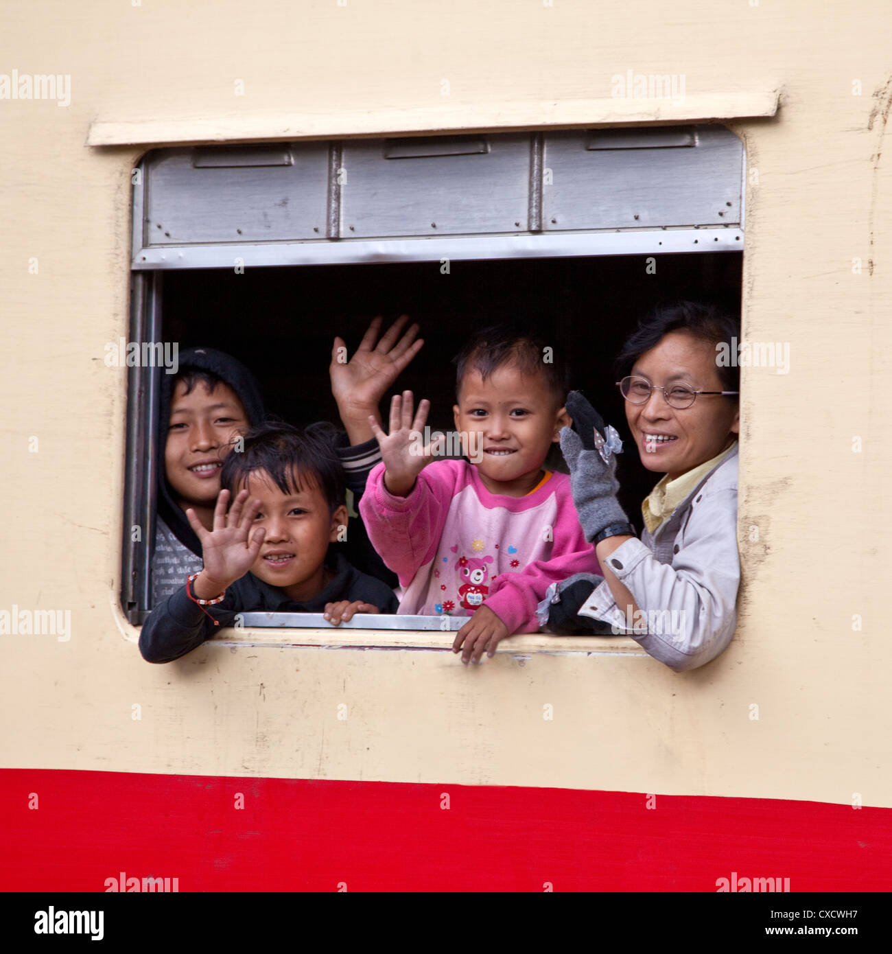 Myanmar, Burma. Burmese Family Waving at the Kalaw Train Station Stock ...