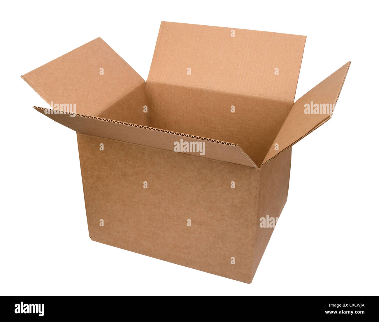 Open cardboard box on white background Stock Photo - Alamy
