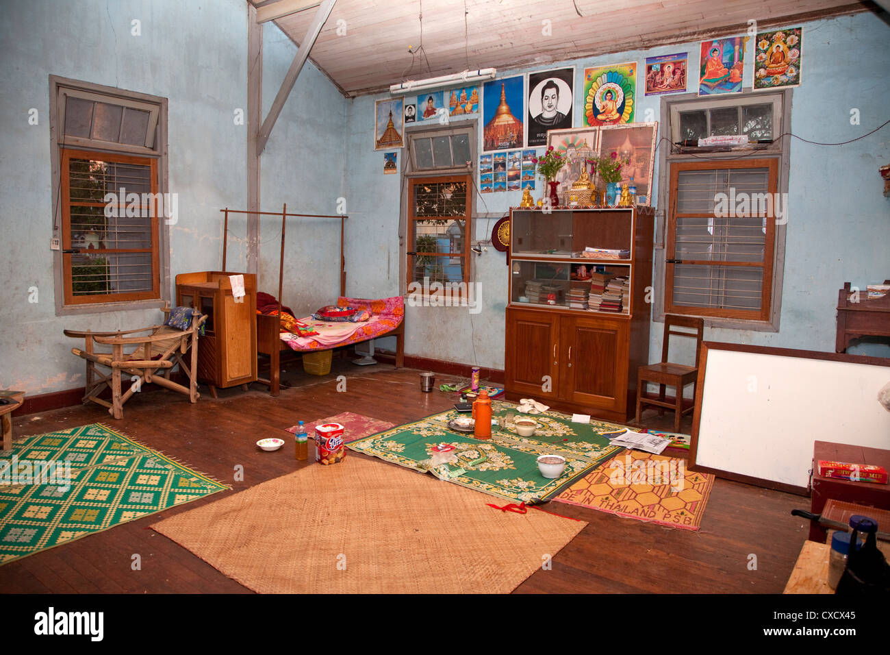 Myanmar, Burma. Bedroom of a Monk at Thein Taung Paya monastery, Kalaw ...