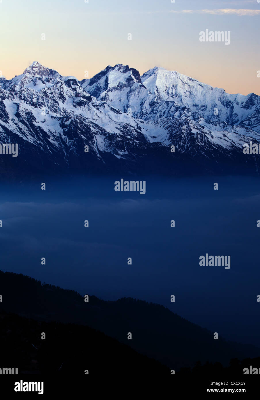 Stunning view of beautiful snow-capped mountains in the Himalayas at ...