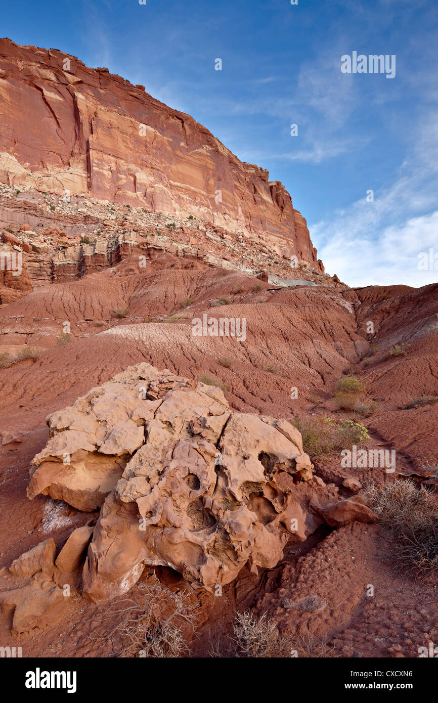 Red rock cliffs and badlands, Capitol Reef National Park, Utah, United ...