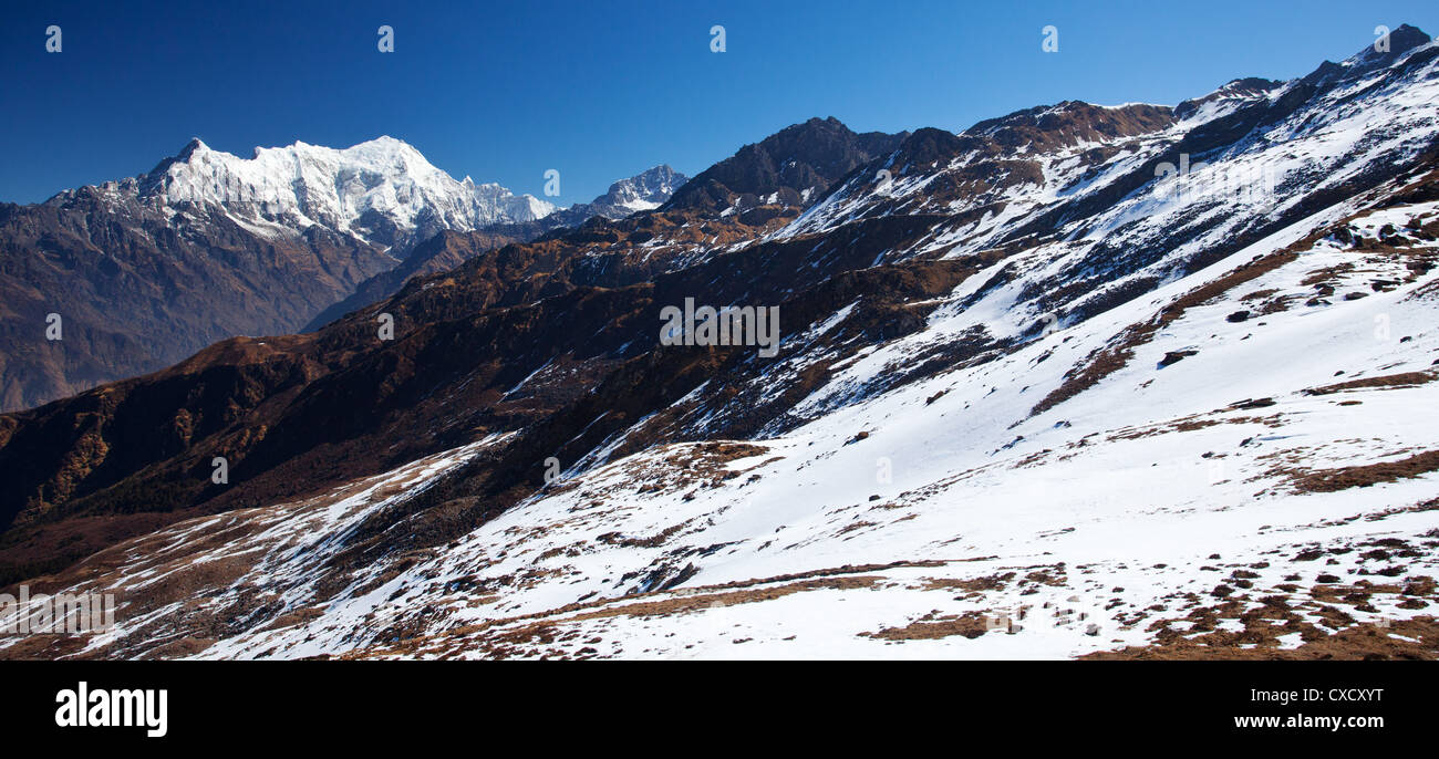 Stunning view of beautiful snow-capped mountains in the Himalayas at ...