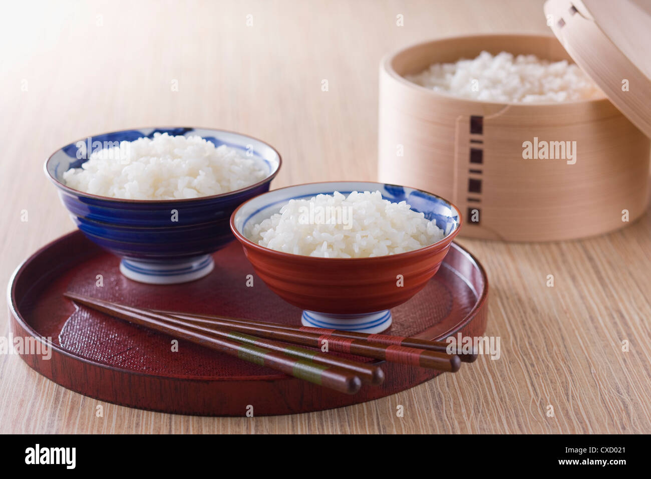 Steamed Rice in Rice Bowls and Wooden Tub Stock Photo - Alamy